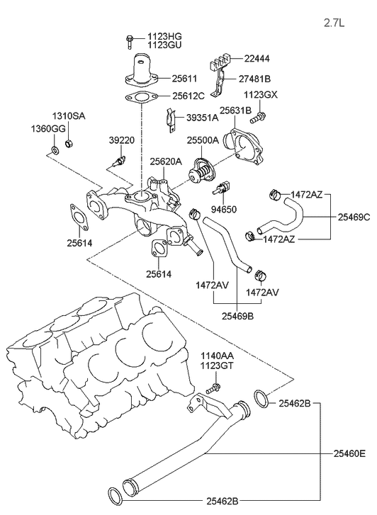 OEM Hyundai 25460-37100 - Pipe & O-Ring Assembly-Water Inlet